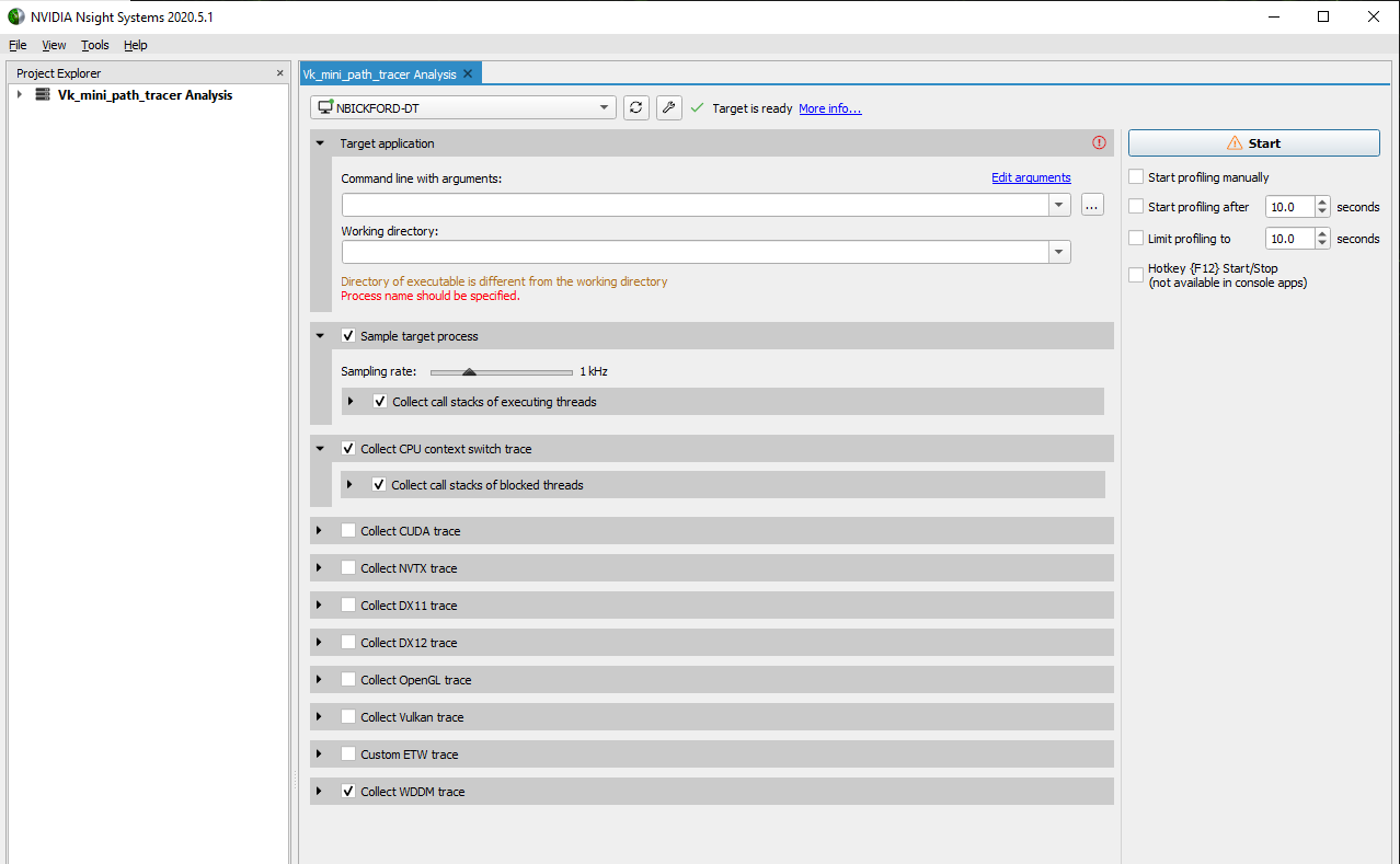The main window displaying trace options.